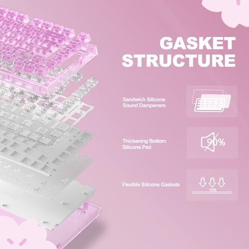YUNZII X75 PRO 82 Key Wireless Hot Swappable Mechanical Gaming Keyboard with Transparent Keycaps,BT5.0/2.4G/USB-C, Gasket Mount Keyboard,for Windows/Mac (Crystal White Switch, Wireless-Pink)