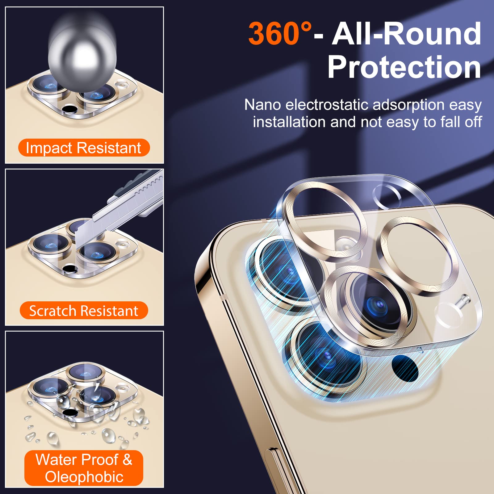 UniqueMe [3 Pack Compatible for iPhone 14 Pro Max/iPhone 14 Pro Camera Lens Protector,[Case Friendly][Scratch-Resistant] - Gold