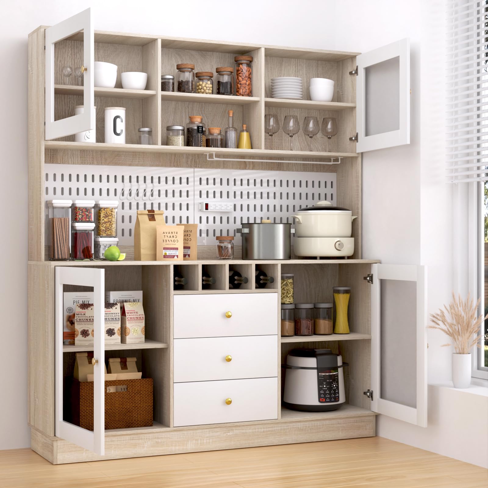 VOWNER Kitchen Hutch Cabinet, Pantry Cabinet, Freestanding Buffet Hutch with Pegboard, Cup Holder, Power Outlet, 4 Doors & 3 Drawers, Cupboard with Microwave Shelf & Wine Racks (Wood Color and White)