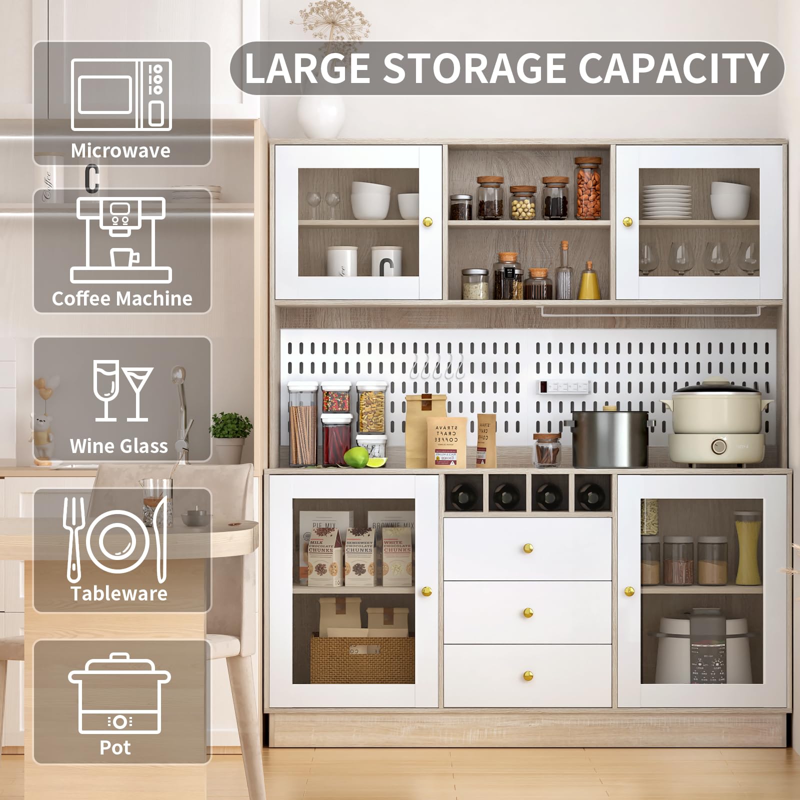 VOWNER Kitchen Hutch Cabinet, Pantry Cabinet, Freestanding Buffet Hutch with Pegboard, Cup Holder, Power Outlet, 4 Doors & 3 Drawers, Cupboard with Microwave Shelf & Wine Racks (Wood Color and White)