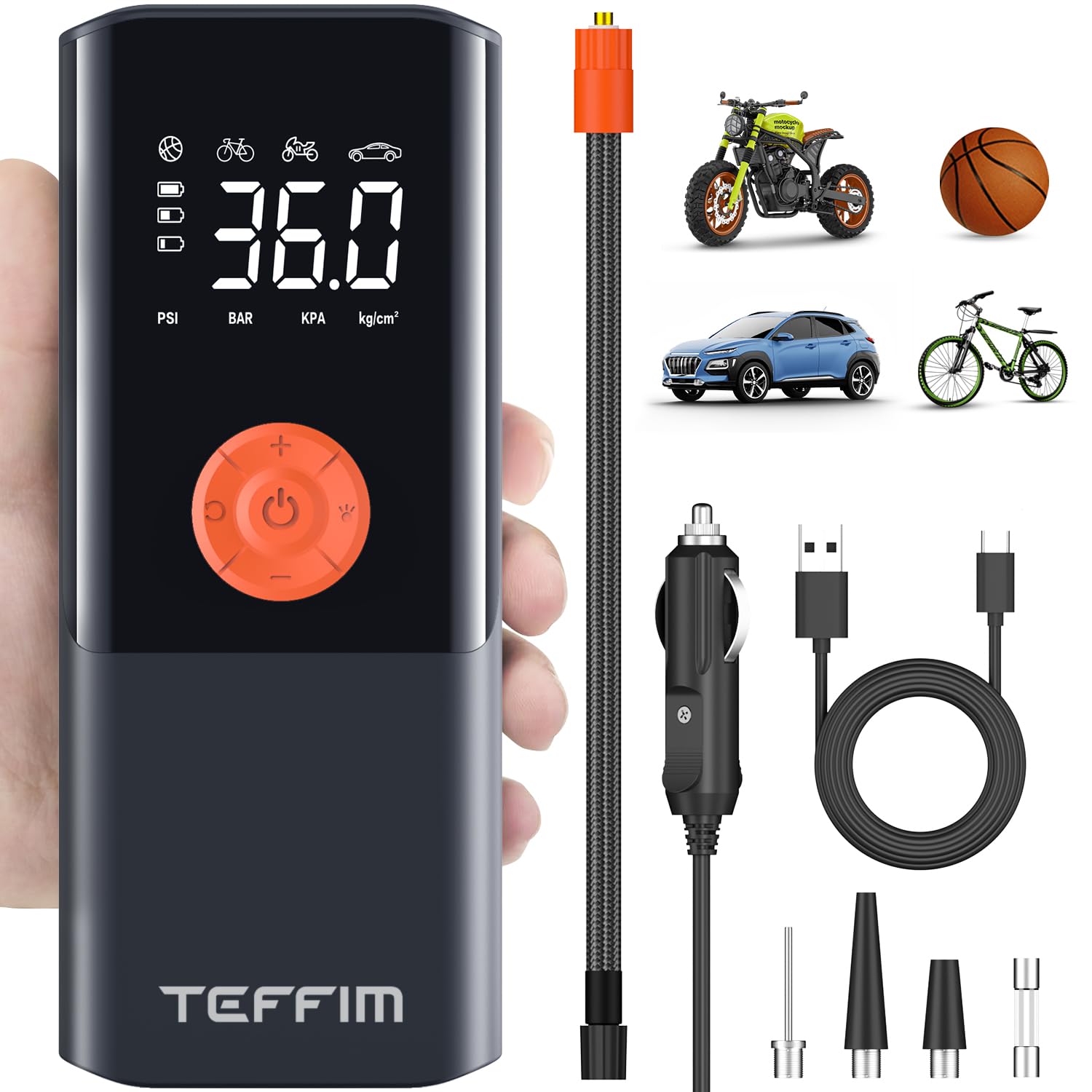 Teffim Tire Inflator Portable Air Compressor with Digital Pressure Gauge, 12V Smart Air Pump for Car Tires, Motorcycle, SUV, Electric Bike, Bicycle, Sports Balls with 10000mAh Battery & LED Light (1)
