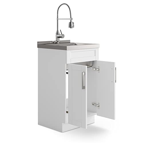 SIMPLIHOME Hennessy All-in-One Utility Sink & Cabinet in Pure White, 20-inch, Laundry Cabinet with Stainless Steel Sink, Chrome Faucet, Shaker-Style Doors for Laundry Room, Garage, Mudroom
