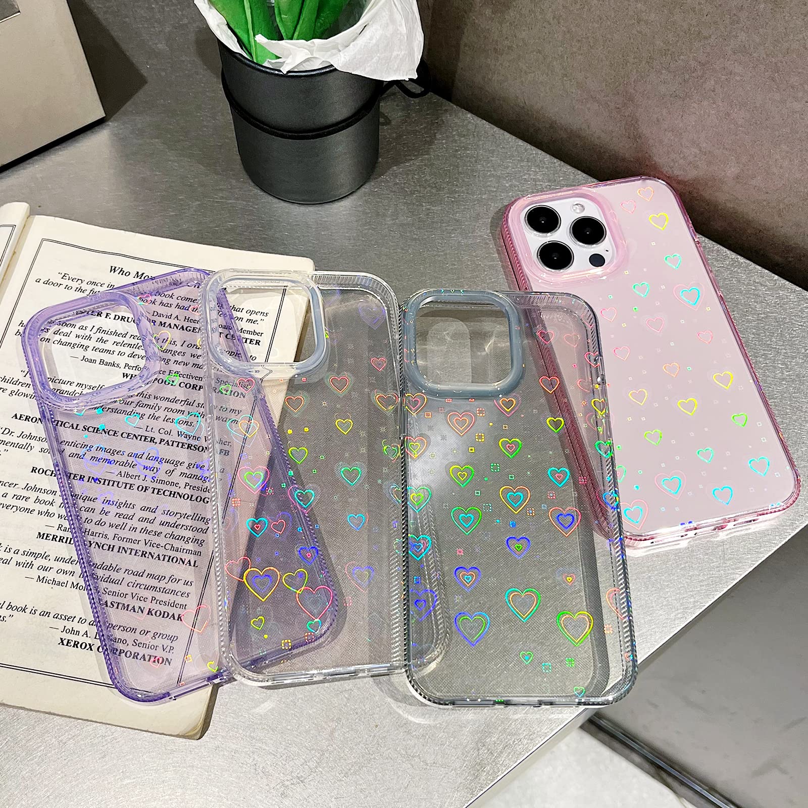 SmoBea Compatible with iPhone 14 Pro Max Case (No Fit iPhone 14 Plus), Holographic Laser Bling Heart Soft & Flexible TPU and Hard PC Shockproof Cover Women Girls Phone Case (Heart/Clear)