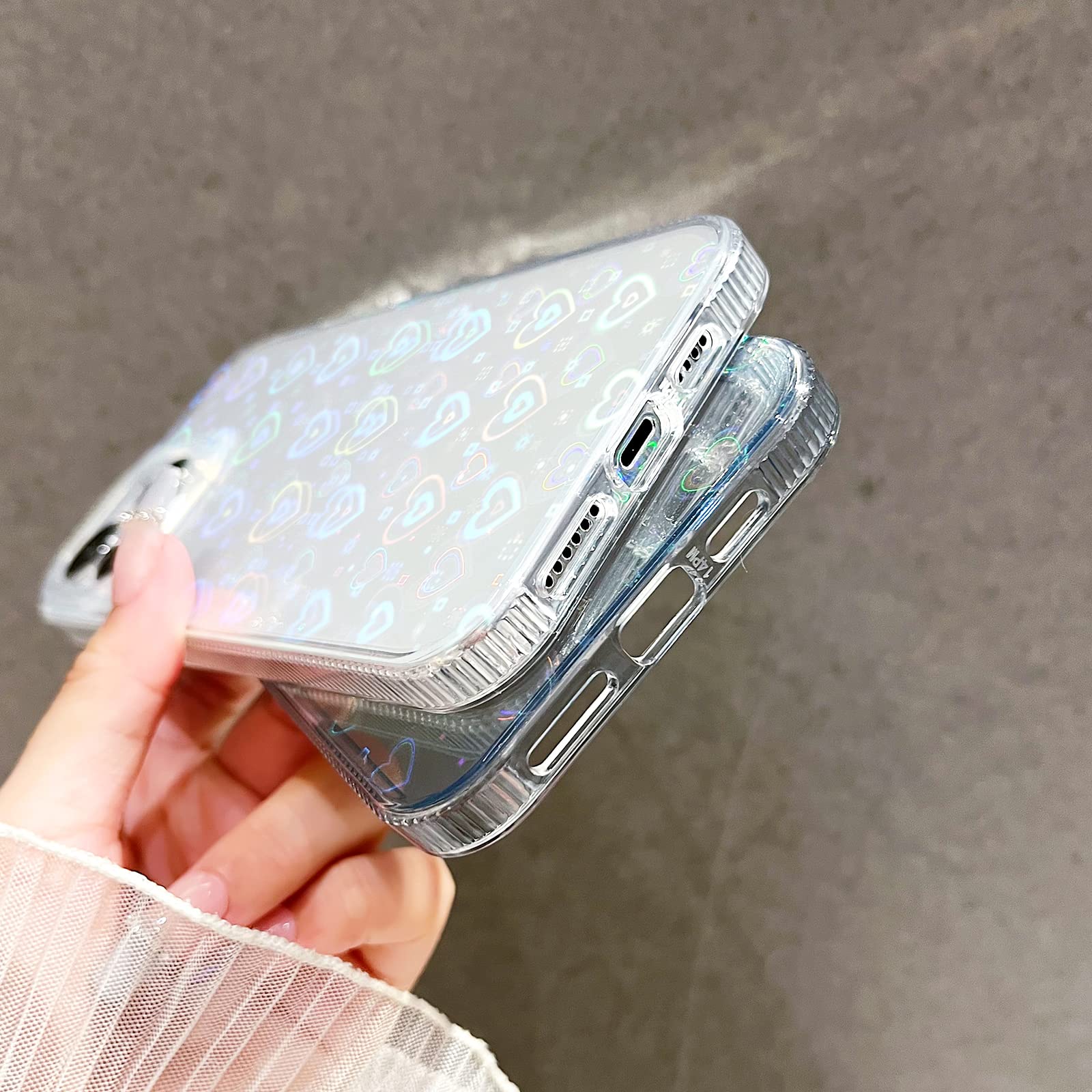 SmoBea Compatible with iPhone 14 Pro Max Case (No Fit iPhone 14 Plus), Holographic Laser Bling Heart Soft & Flexible TPU and Hard PC Shockproof Cover Women Girls Phone Case (Heart/Clear)