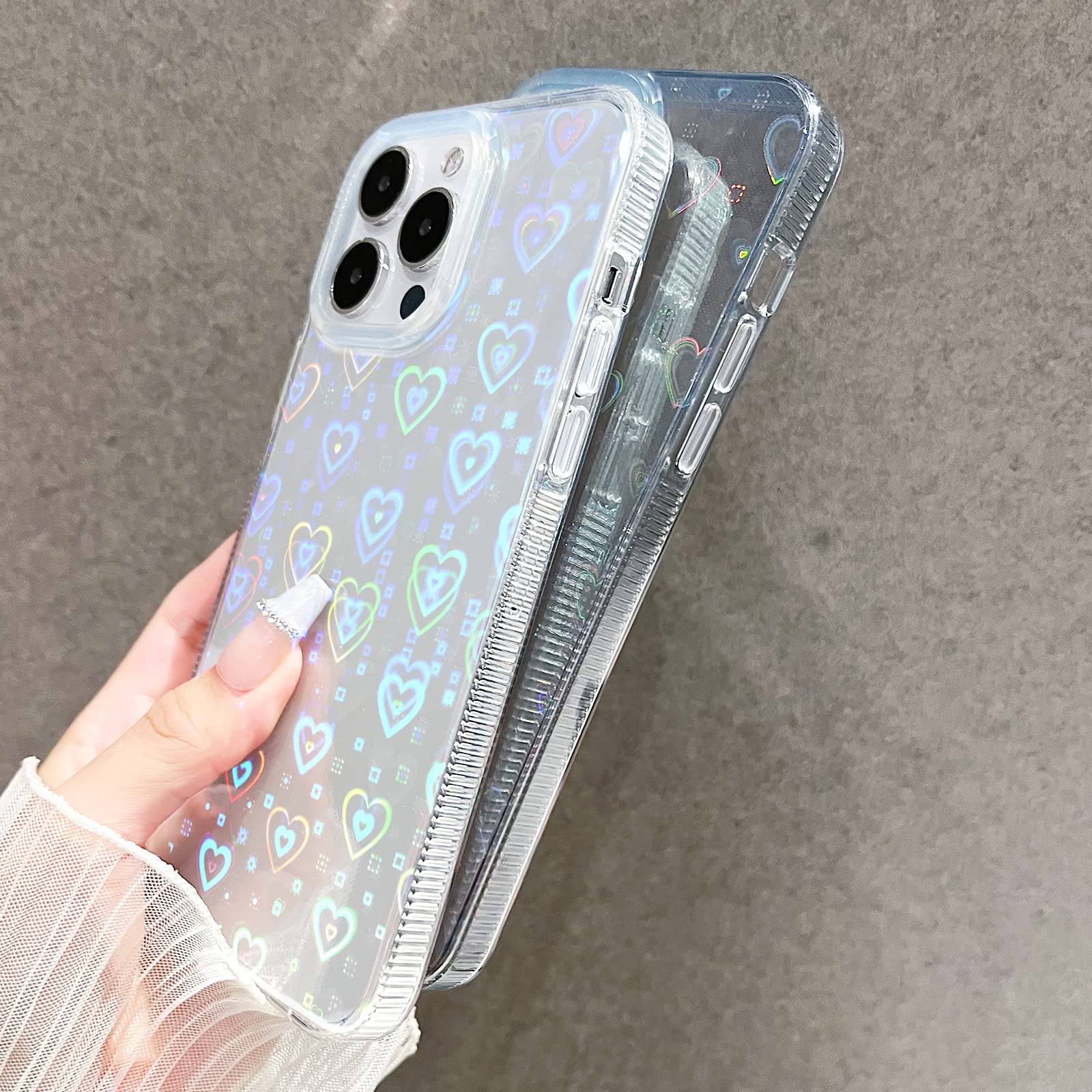 SmoBea Compatible with iPhone 14 Pro Max Case (No Fit iPhone 14 Plus), Holographic Laser Bling Heart Soft & Flexible TPU and Hard PC Shockproof Cover Women Girls Phone Case (Heart/Clear)