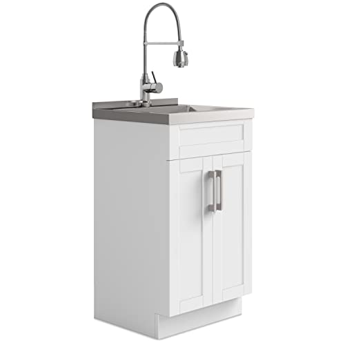 SIMPLIHOME Hennessy All-in-One Utility Sink & Cabinet in Pure White, 20-inch, Laundry Cabinet with Stainless Steel Sink, Chrome Faucet, Shaker-Style Doors for Laundry Room, Garage, Mudroom