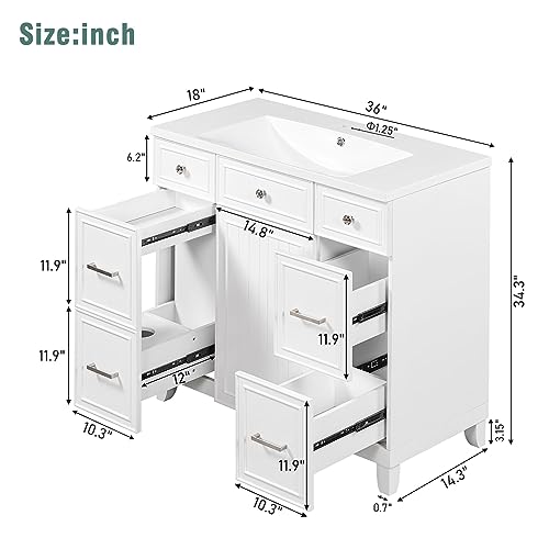 CuisinSmart 36" Bathroom Vanity Cabinet,White Modern Bathroom Vanities Sink Combo,Ample Storage Space Vanity with Sink and Countertop with 3 Drawers and 1 Door,18 x 36 x 34 (Without Faucet)
