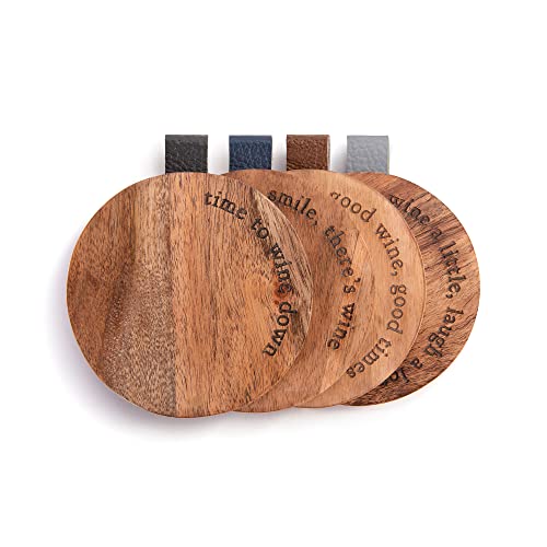 DEMDACO Time to Wine Down Good Time Natural Brown Round 4 inch Acaia Wood Coasters Set of 4
