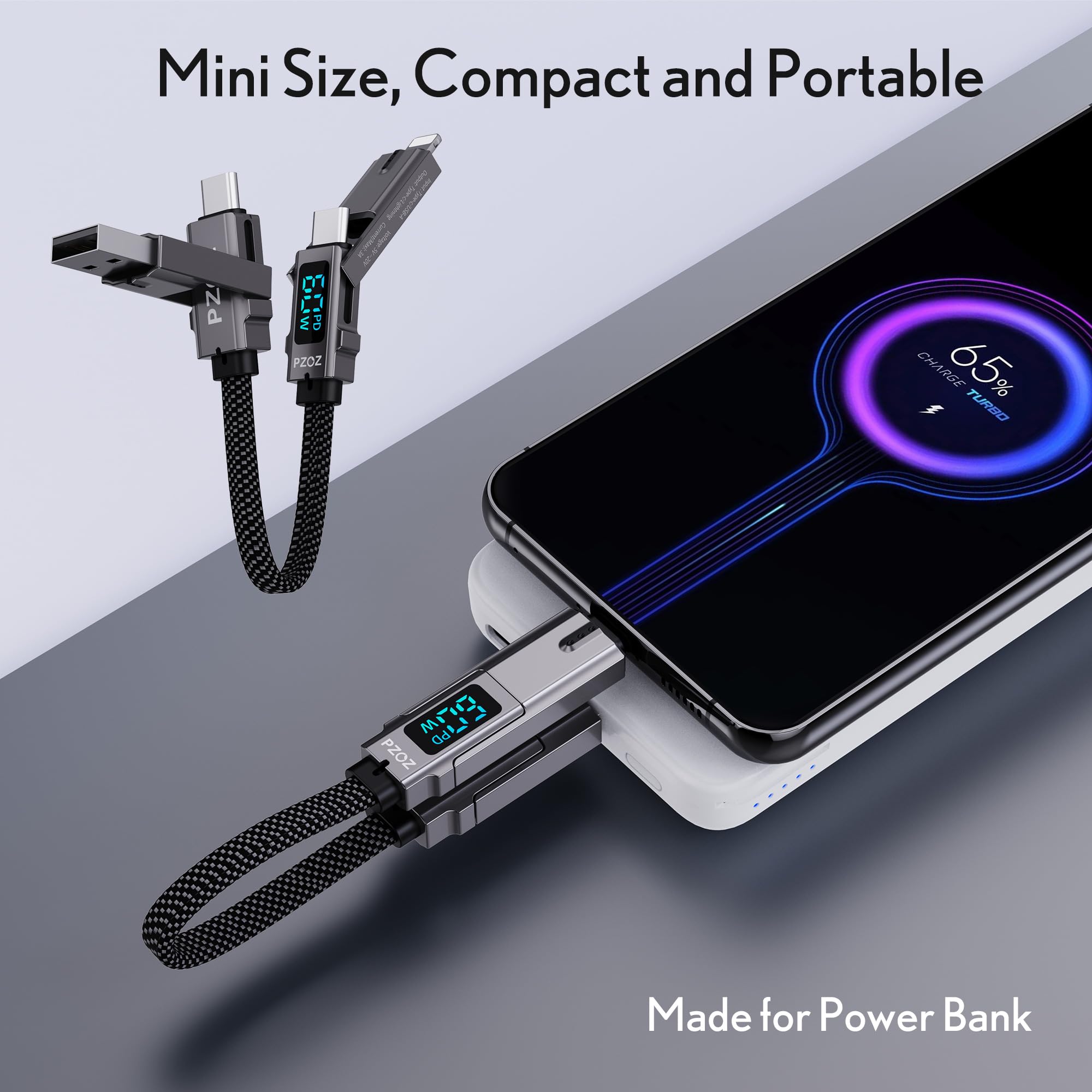 pzoz Multi Charging Cable Keychain Charger Cable with LED Display, 4-in-1 Multi USB C Fast Charging Combo Lightning/Type C/USB A/USBC for iPhone iPad MacBook AirPods Samsung Google (60W, 7.3 inchs)