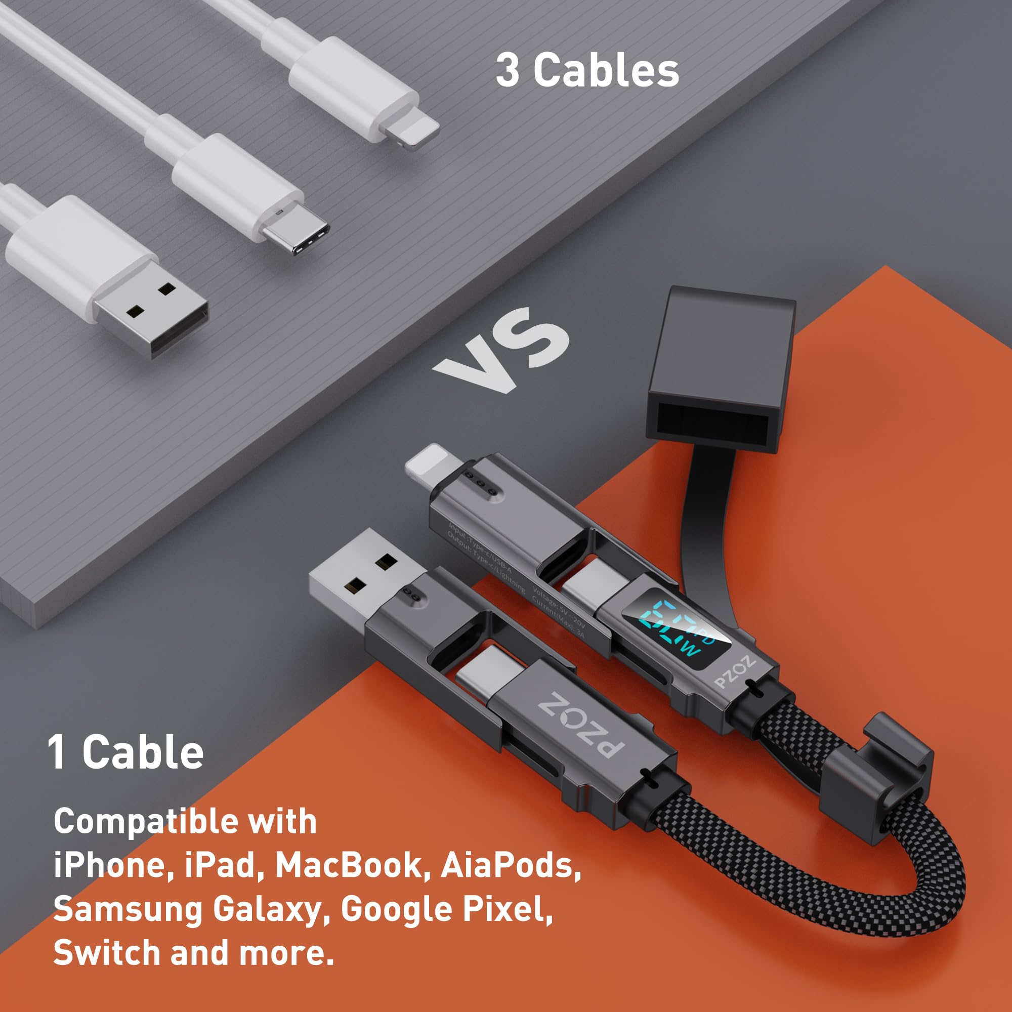 pzoz Multi Charging Cable Keychain Charger Cable with LED Display, 4-in-1 Multi USB C Fast Charging Combo Lightning/Type C/USB A/USBC for iPhone iPad MacBook AirPods Samsung Google (60W, 7.3 inchs)