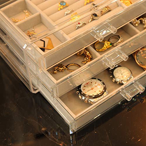 Acrylic Jewelry Boxes For Women With 3 Drawers Stackable Velvet Jewelry Organizer Holder for Earring Bangle Bracelet Necklace Ring Display Case Gift for Girls