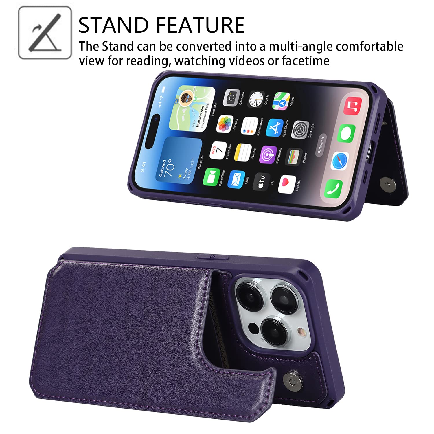 Cavor for iPhone 14 Pro Max Case Wallet with Card Holder,for iPhone 14 Pro Max Wallet Phone Case for Women Men,Leather Credit Card Holders Shockproof Stand Case-Dark Purple