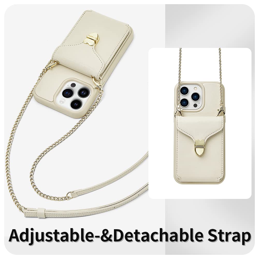 JLFCH ROMIELA for iPhone 14 Pro Max with Crossbody Chain Wrist Strap Card Holder 6.7 inch - Beige