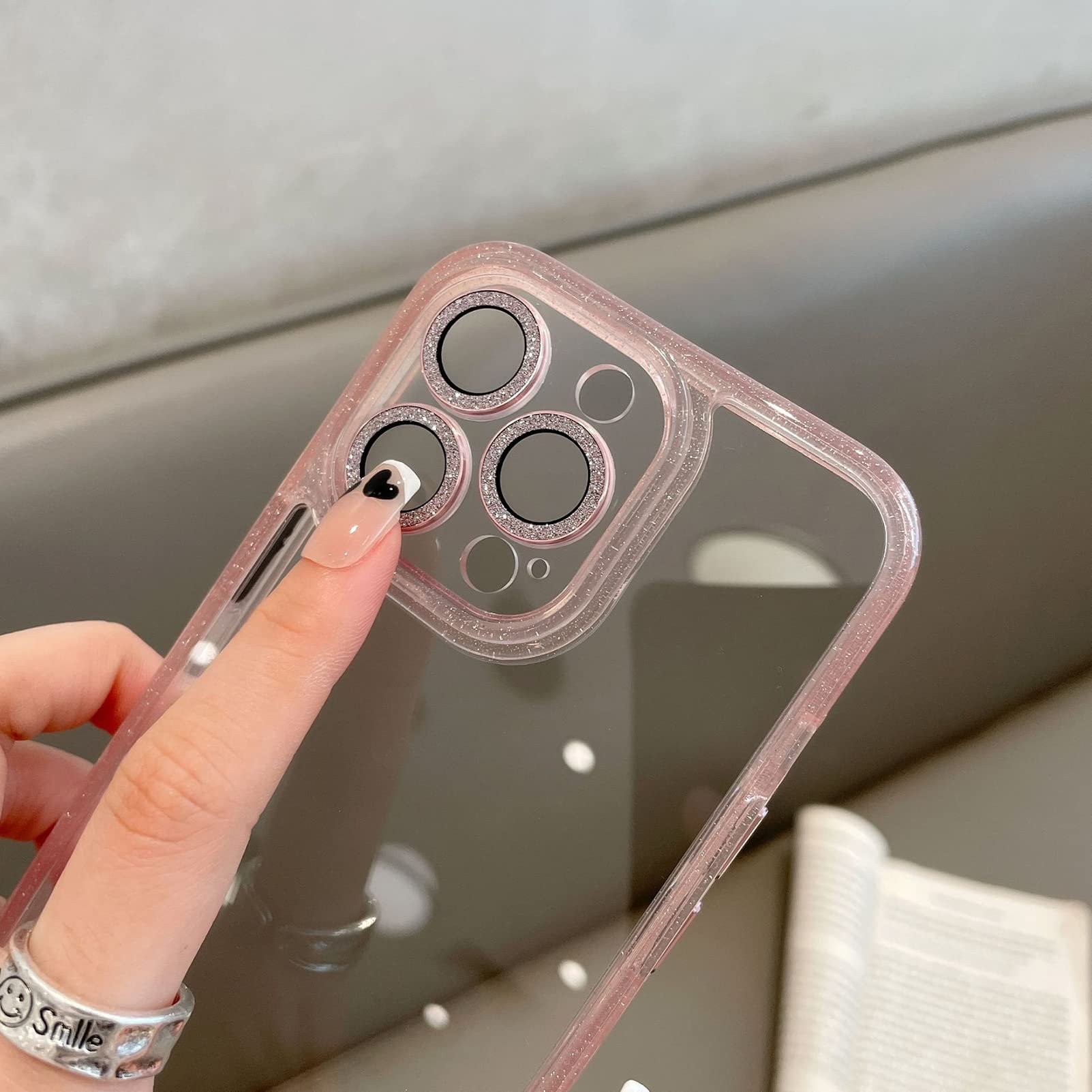 Eiyikof for iPhone 14 Pro Max Case with Bling Camera Lens Protector Cover Cute Sparkly Diamond Slim Clear Back & Glitter Bumper Silicone Shockproof Protective Case for Girls Women-Pink