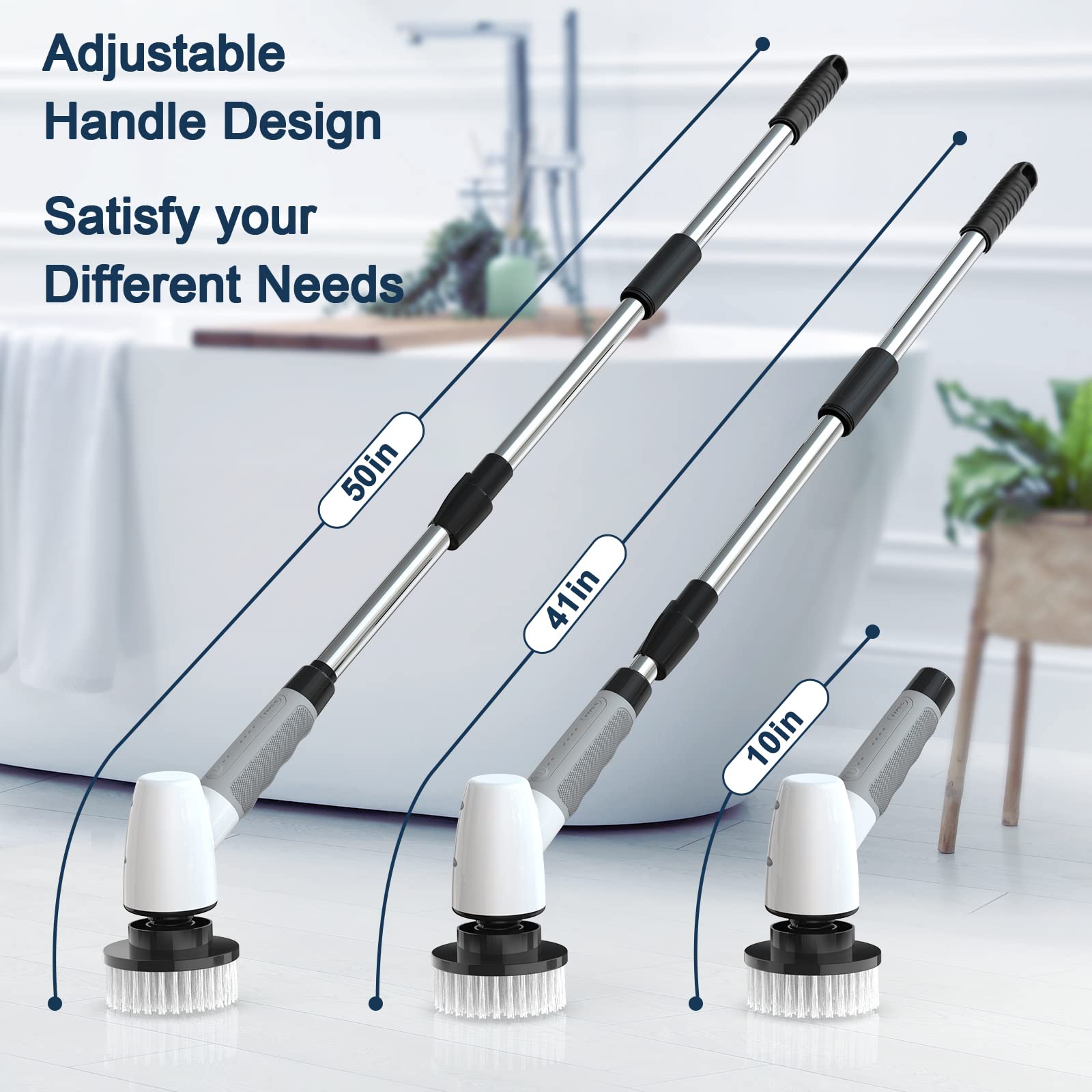 Bomves Electric Spin Scrubber, Cordless Cleaning Brush Tub Tile Scrubber for Home, 8 Replaceable Brush Heads, 90Mins Work Time 3 Adjustable Handle 2 Speeds for Bathroom Shower Bathtub Glass Car