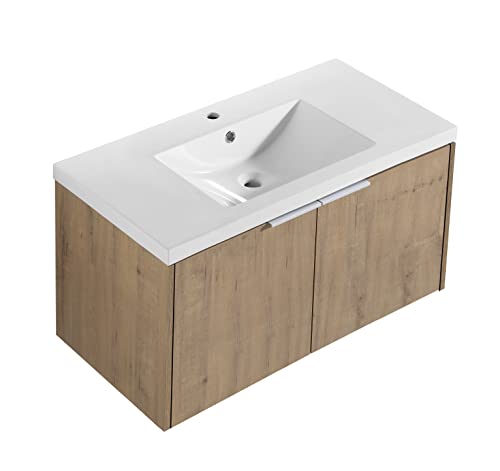 Lifeand Cabinet with Sink,Soft Close Doors,Float Wall-Mounting Design for Small Bathroom, 30'', Oak