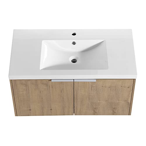 Lifeand Cabinet with Sink,Soft Close Doors,Float Wall-Mounting Design for Small Bathroom, 30'', Oak