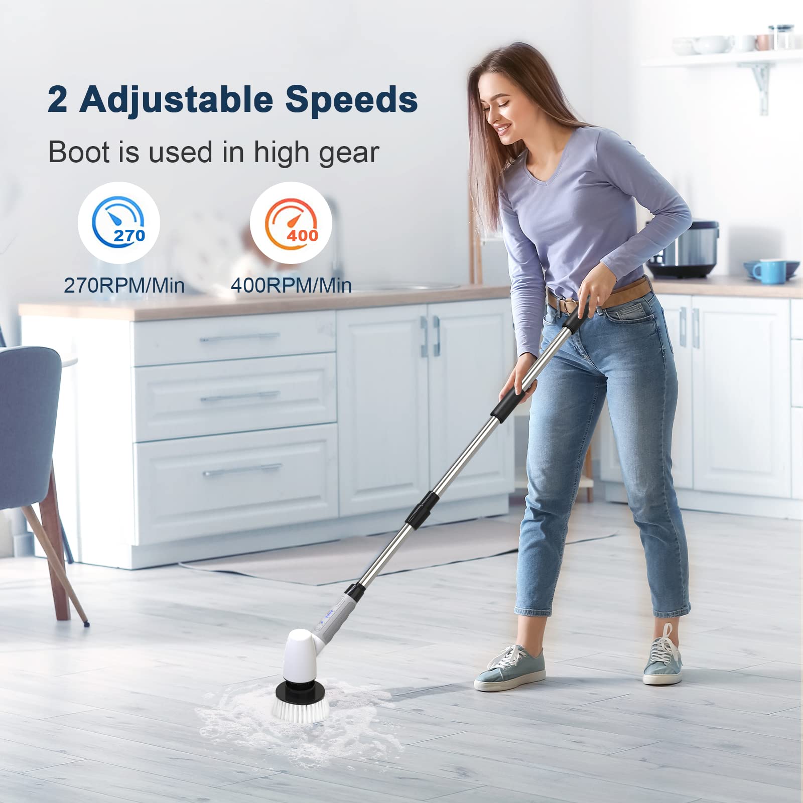 Bomves Electric Spin Scrubber, Cordless Cleaning Brush Tub Tile Scrubber for Home, 8 Replaceable Brush Heads, 90Mins Work Time 3 Adjustable Handle 2 Speeds for Bathroom Shower Bathtub Glass Car