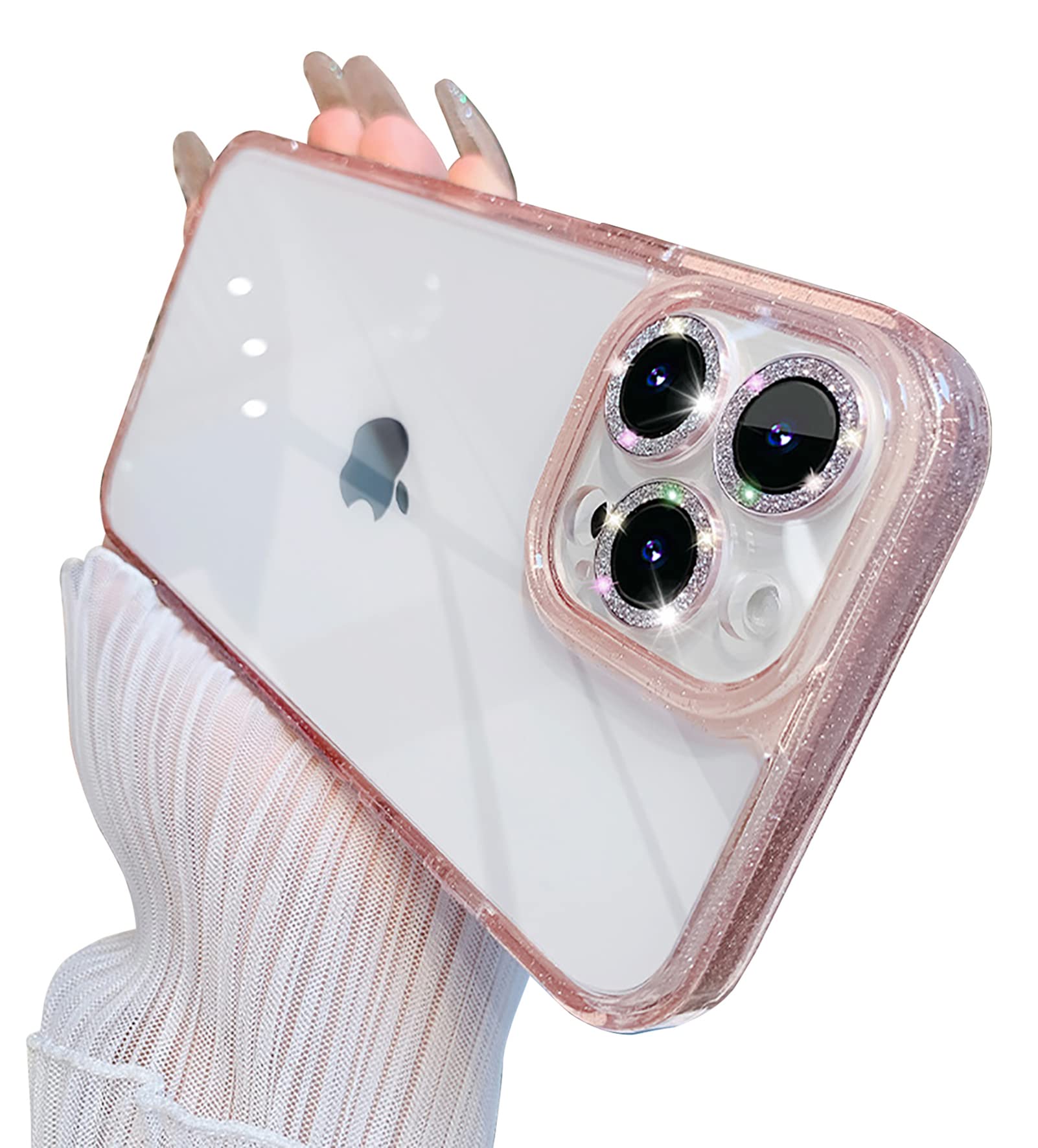 Eiyikof for iPhone 14 Pro Max Case with Bling Camera Lens Protector Cover Cute Sparkly Diamond Slim Clear Back & Glitter Bumper Silicone Shockproof Protective Case for Girls Women-Pink
