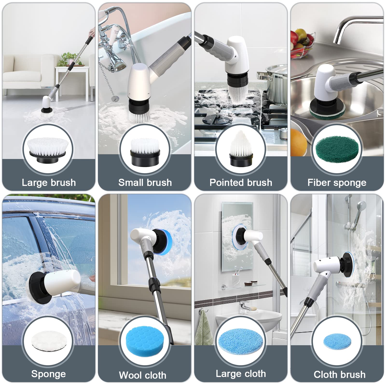 Bomves Electric Spin Scrubber, Cordless Cleaning Brush Tub Tile Scrubber for Home, 8 Replaceable Brush Heads, 90Mins Work Time 3 Adjustable Handle 2 Speeds for Bathroom Shower Bathtub Glass Car