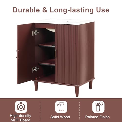 Tomkate 24 Inch Bathroom Vanities with Sink, Freestanding Bathroom Vanity with Ceramic Single Sink Combo, Modern Undermount Bathroom Sink Cabinet with Two Doors, Adjustable Shelves (Rosy)