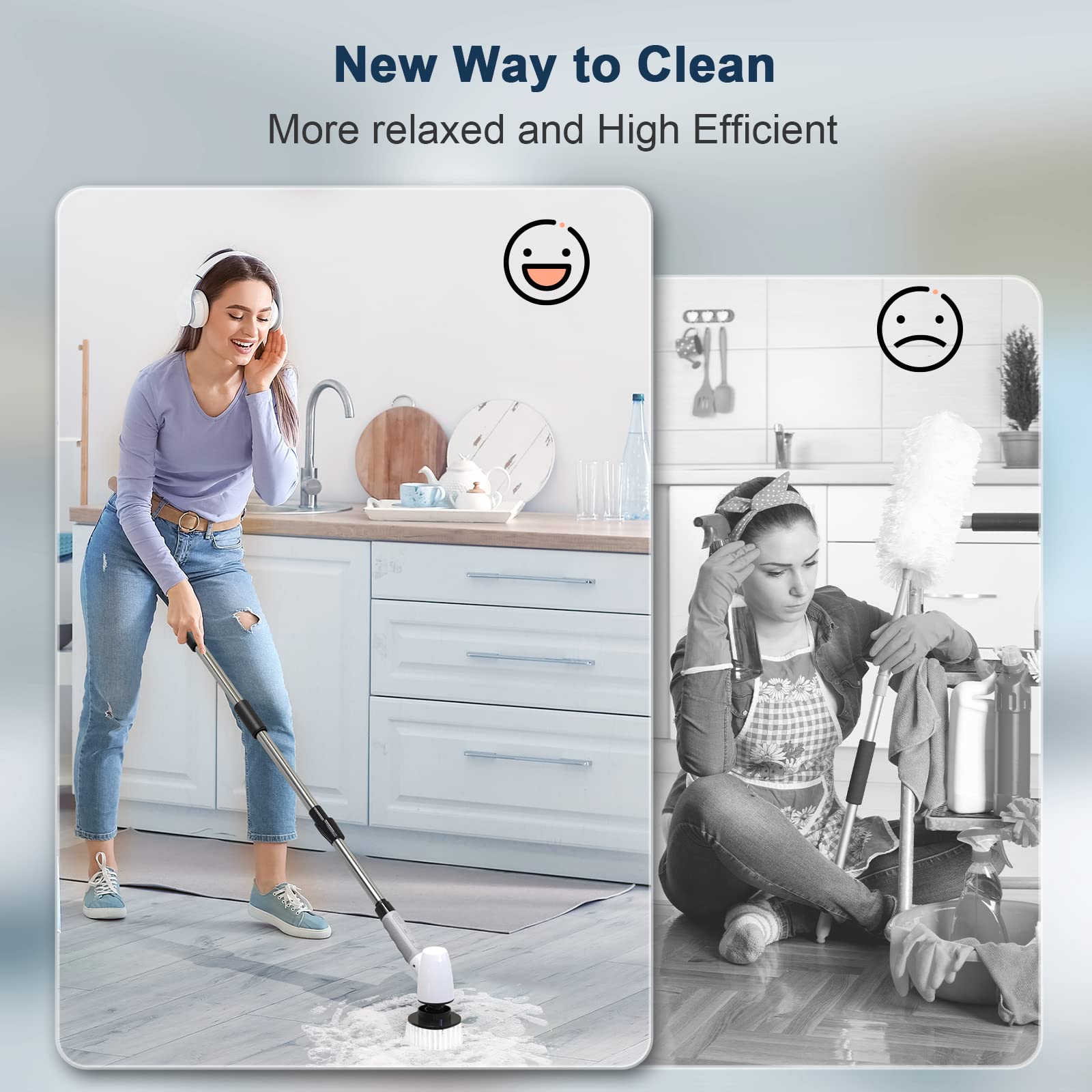 Bomves Electric Spin Scrubber, Cordless Cleaning Brush Tub Tile Scrubber for Home, 8 Replaceable Brush Heads, 90Mins Work Time 3 Adjustable Handle 2 Speeds for Bathroom Shower Bathtub Glass Car