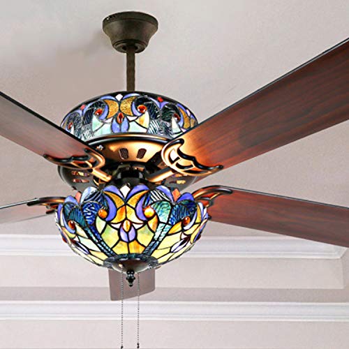 RIVER OF GOODS Tiffany-Style Halston Stained Glass Ceiling Fan - 52" L x 52" W - Mahogany and Black Fan Blades - Blue