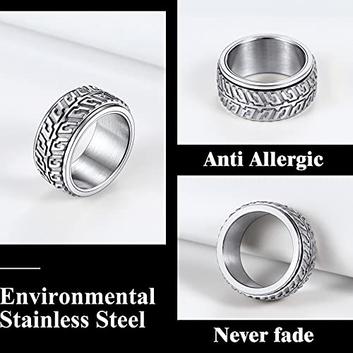 10mm Mens Mechanic Car Racer Tire Tread Band Ring for Men for Bikers Stainless Steel Fidget Spinner Rings