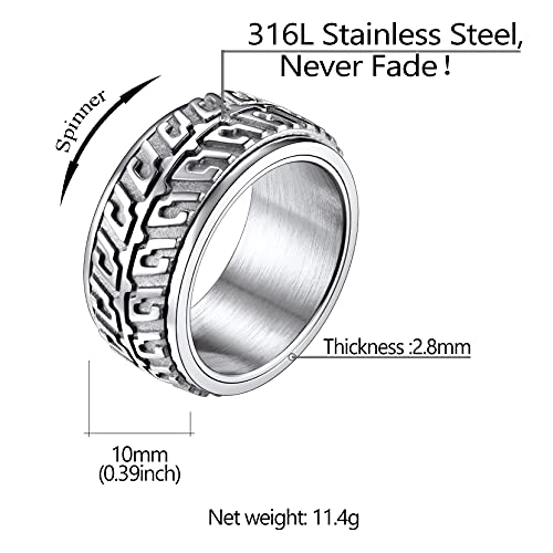 10mm Mens Mechanic Car Racer Tire Tread Band Ring for Men for Bikers Stainless Steel Fidget Spinner Rings