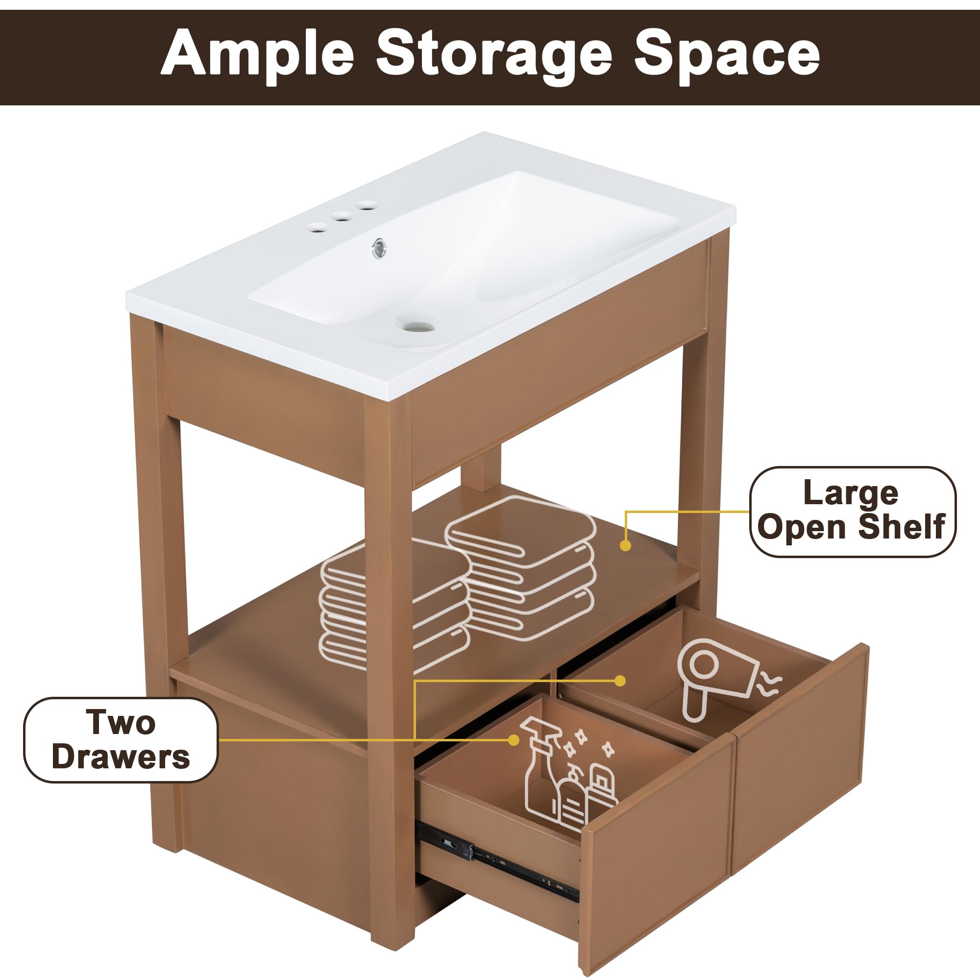 Lunanniu 30" Bathroom Vanity Without Sink, Freestanding Bathroom Vanity Cabinet No Sink 2 Drawer, Open Shelf Modern Design Brown