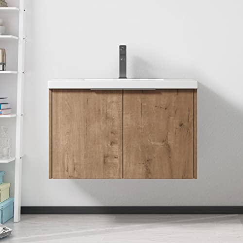 Lifeand Cabinet with Sink,Soft Close Doors,Float Wall-Mounting Design for Small Bathroom, 30'', Oak