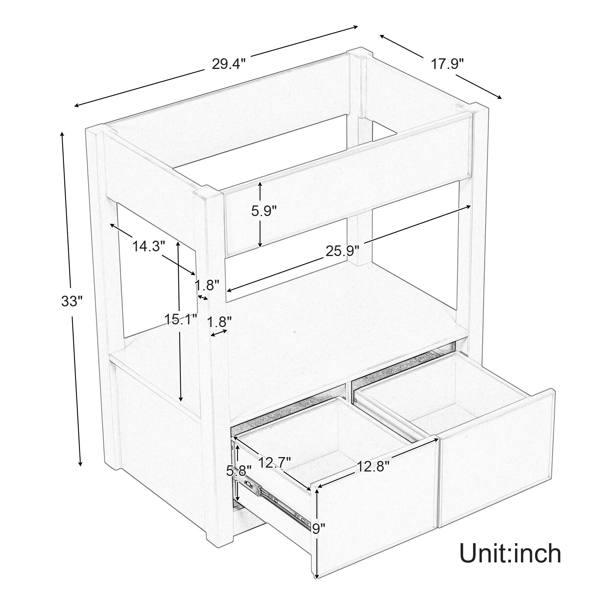 Lunanniu 30" Bathroom Vanity Without Sink, Freestanding Bathroom Vanity Cabinet No Sink 2 Drawer, Open Shelf Modern Design Brown