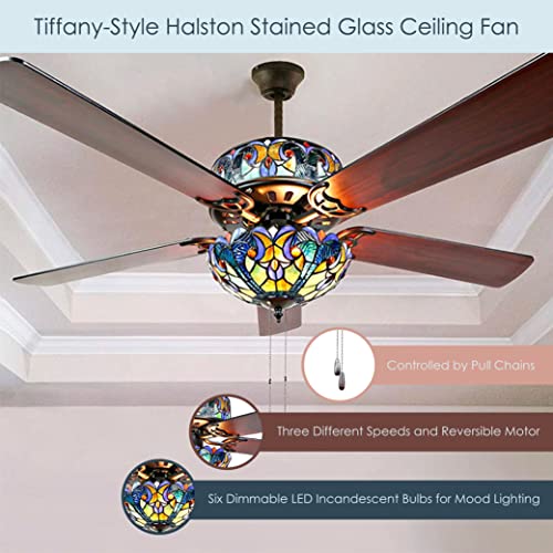 RIVER OF GOODS Tiffany-Style Halston Stained Glass Ceiling Fan - 52" L x 52" W - Mahogany and Black Fan Blades - Blue