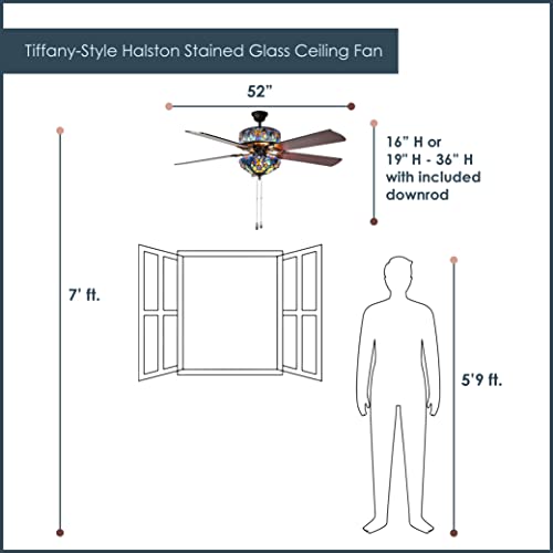 RIVER OF GOODS Tiffany-Style Halston Stained Glass Ceiling Fan - 52" L x 52" W - Mahogany and Black Fan Blades - Blue