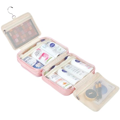 FINDCOZY Extra Large Toiletry Bag with Hanging Hook, Travel Makeup Case for Women, Cosmetic Organizer for Toiletries, Full-Sized Bottles, Beauty, Pink