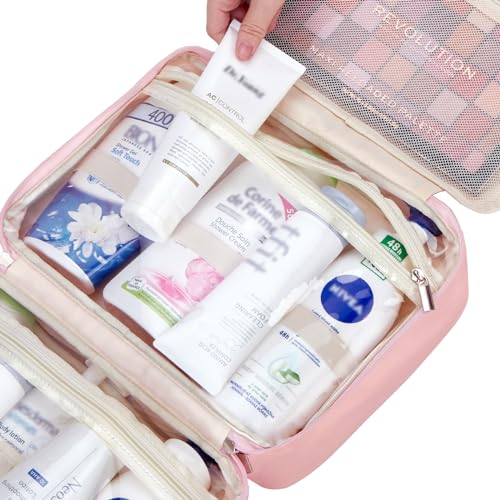 FINDCOZY Extra Large Toiletry Bag with Hanging Hook, Travel Makeup Case for Women, Cosmetic Organizer for Toiletries, Full-Sized Bottles, Beauty, Pink