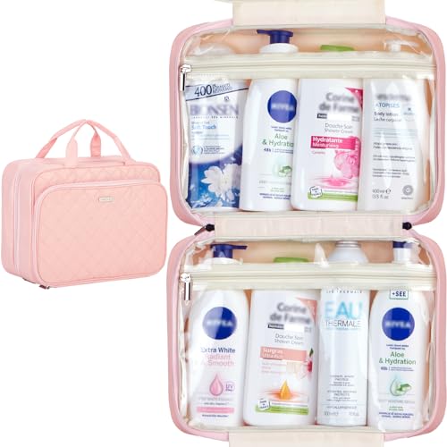 FINDCOZY Extra Large Toiletry Bag with Hanging Hook, Travel Makeup Case for Women, Cosmetic Organizer for Toiletries, Full-Sized Bottles, Beauty, Pink