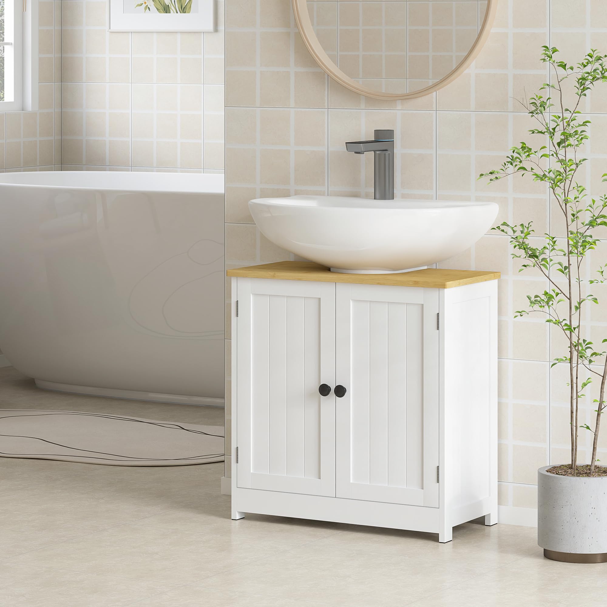 kleankin Modern Bathroom Under Sink Cabinet, Bathroom Vanity for Wall Mount Sink, Storage Cabinet with Double Doors and Adjustable Shelf, White