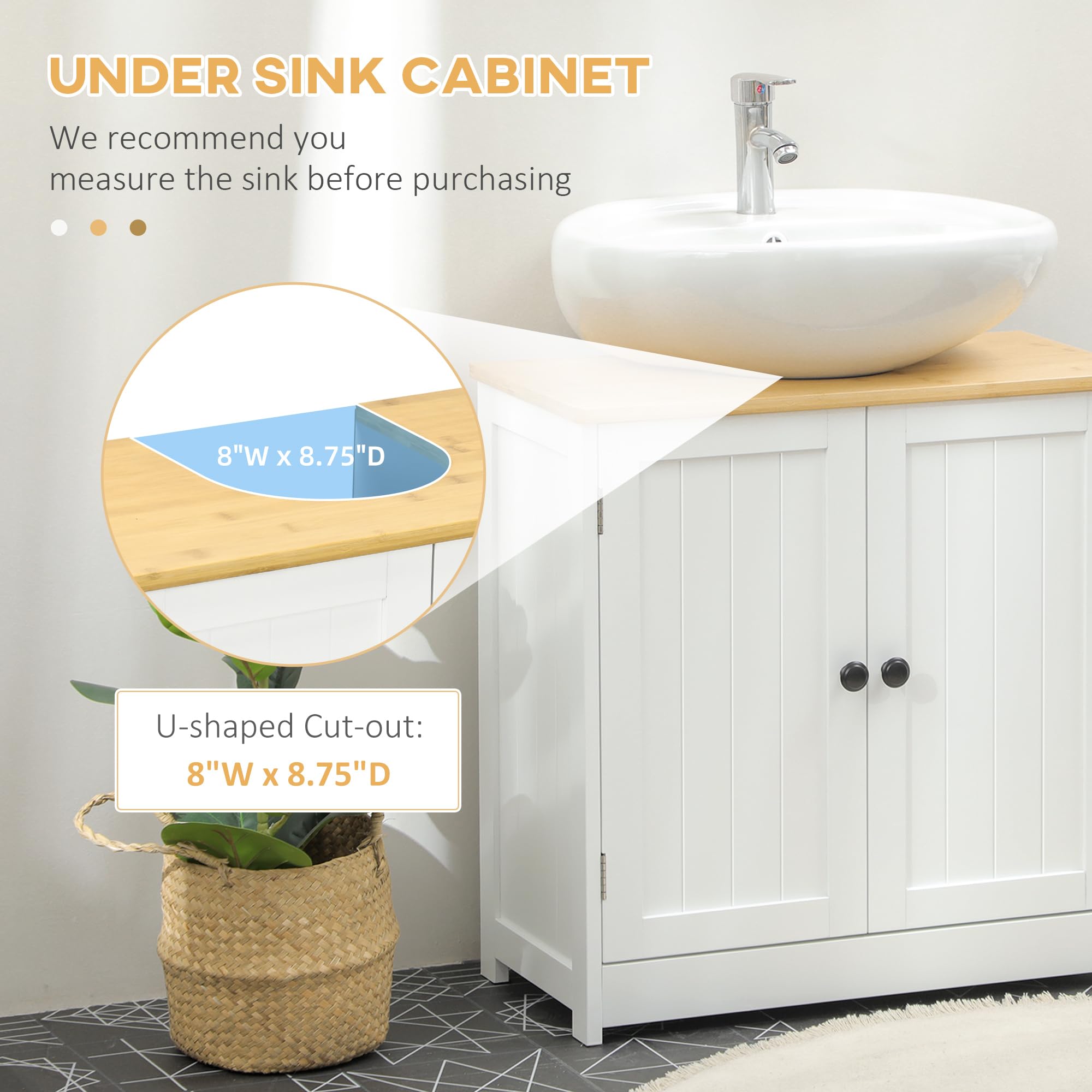 kleankin Modern Bathroom Under Sink Cabinet, Bathroom Vanity for Wall Mount Sink, Storage Cabinet with Double Doors and Adjustable Shelf, White