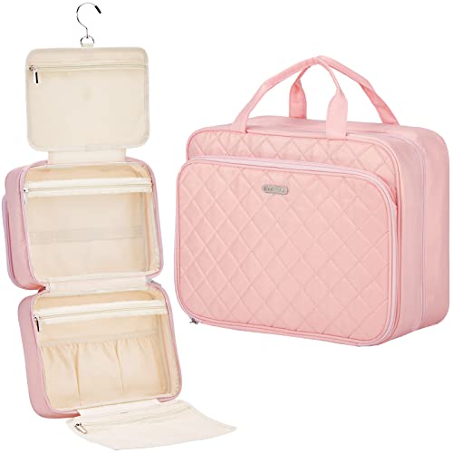 FINDCOZY Extra Large Toiletry Bag with Hanging Hook, Travel Makeup Case for Women, Cosmetic Organizer for Toiletries, Full-Sized Bottles, Beauty, Pink