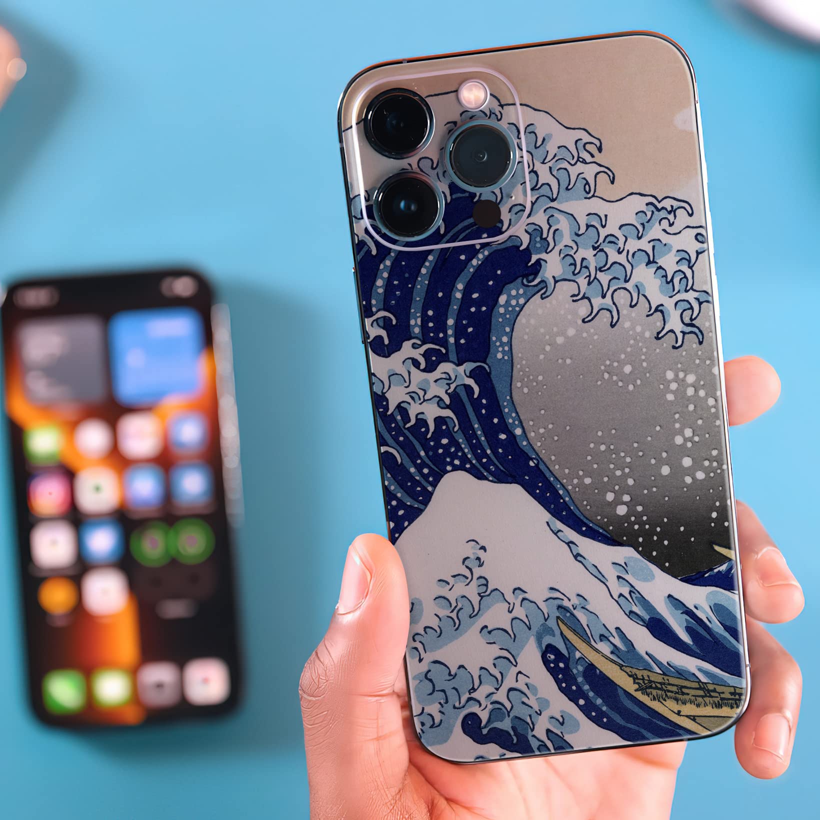 HK Studio Great Wave Skin Decal (Not Case) for iPhone 14 Pro Max - No Bubble, Slim, Waterproof - Protecting & Personalizing iPhone's Back, Camera, Frame Blue