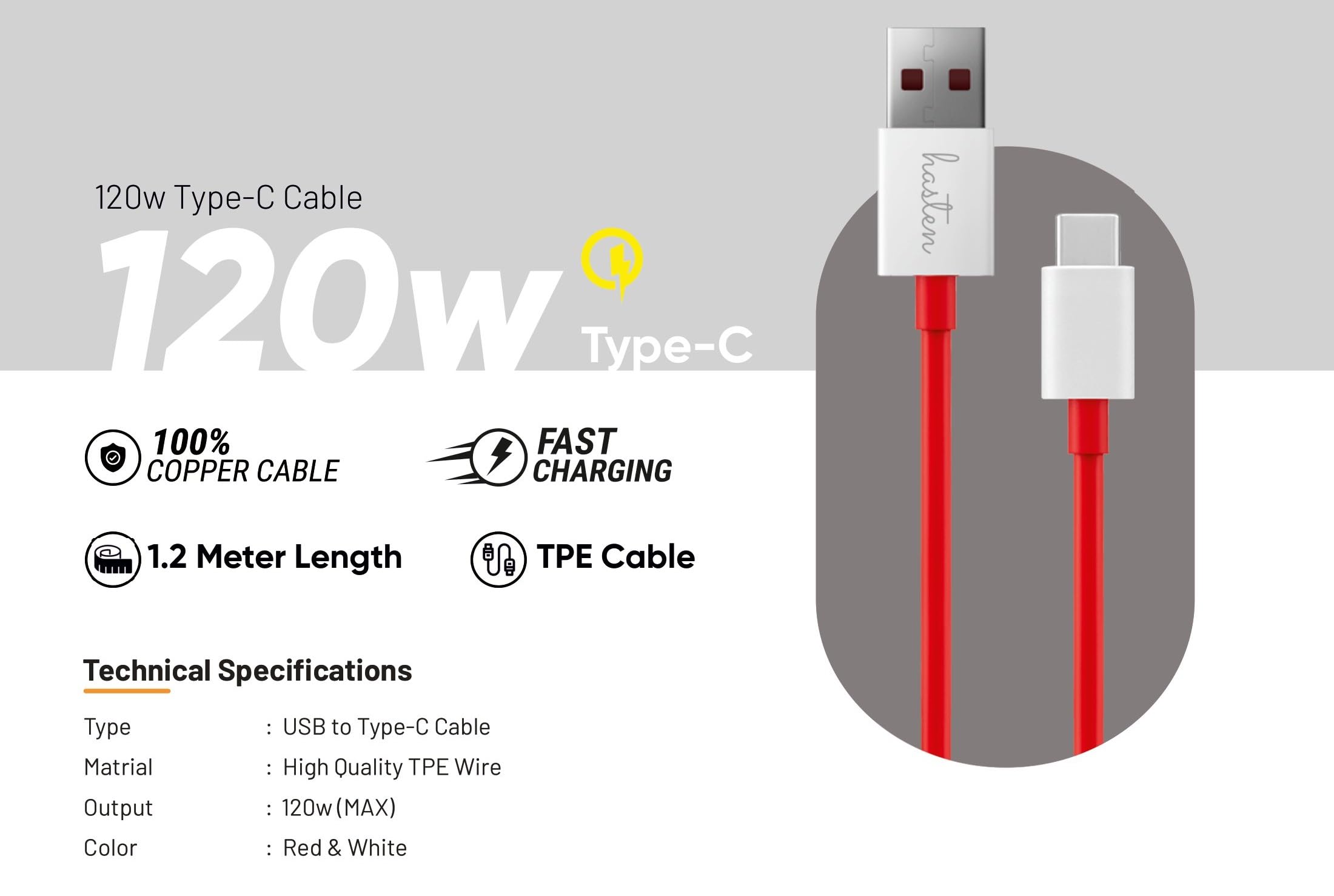 USB-A to Type-C 120w (max) Fast Charging Cable, 4 Feet (1.2 Meters) - 1Pack RED TPE