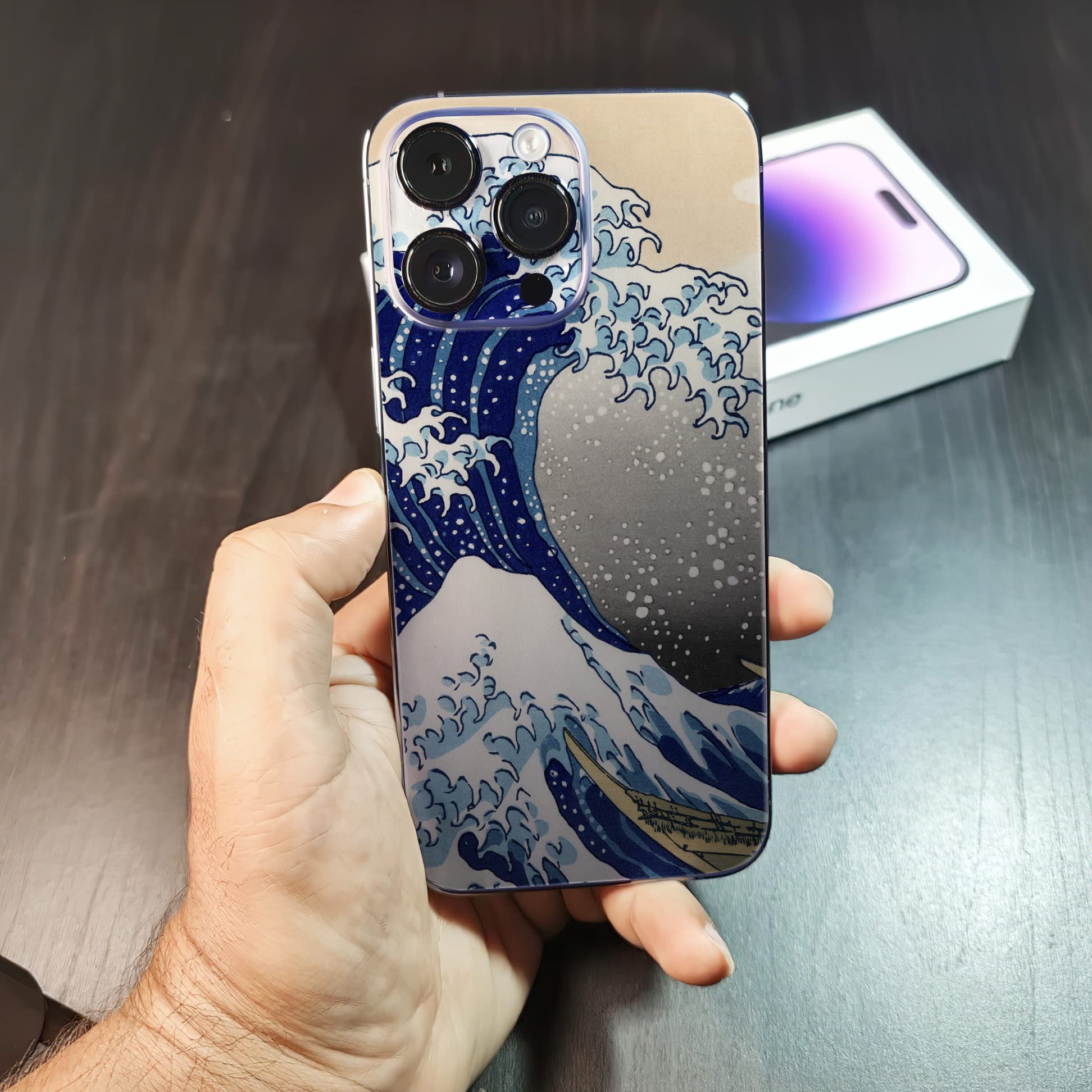HK Studio Great Wave Skin Decal (Not Case) for iPhone 14 Pro Max - No Bubble, Slim, Waterproof - Protecting & Personalizing iPhone's Back, Camera, Frame Blue