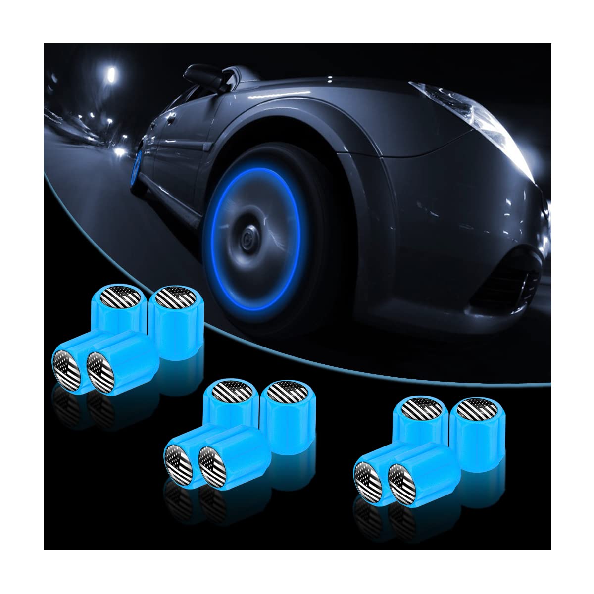 12PCS Fluorescent Car Tire Valve Caps, Luminous Tire Air Caps Cover, Vehicle Tire Pressure Caps, Illuminated Auto Car Wheel Valve Stem, Universal for Car, SUV, Motorcycle, Truck, Bike (Blue/Black)