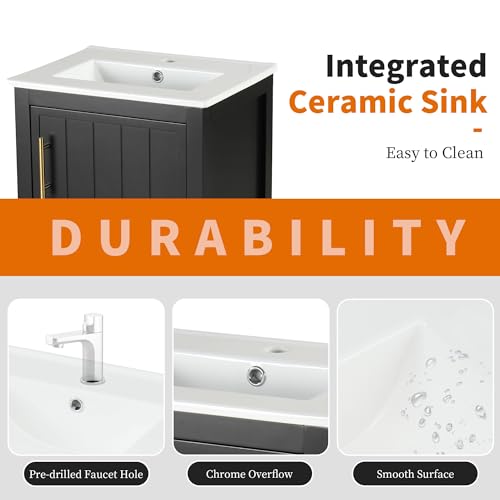 20" Bathroom Vanity Cabinet with Ceramic Sink Top Set, Freestanding, Two-Tier Storage Rack, Soft Closing Door, Black