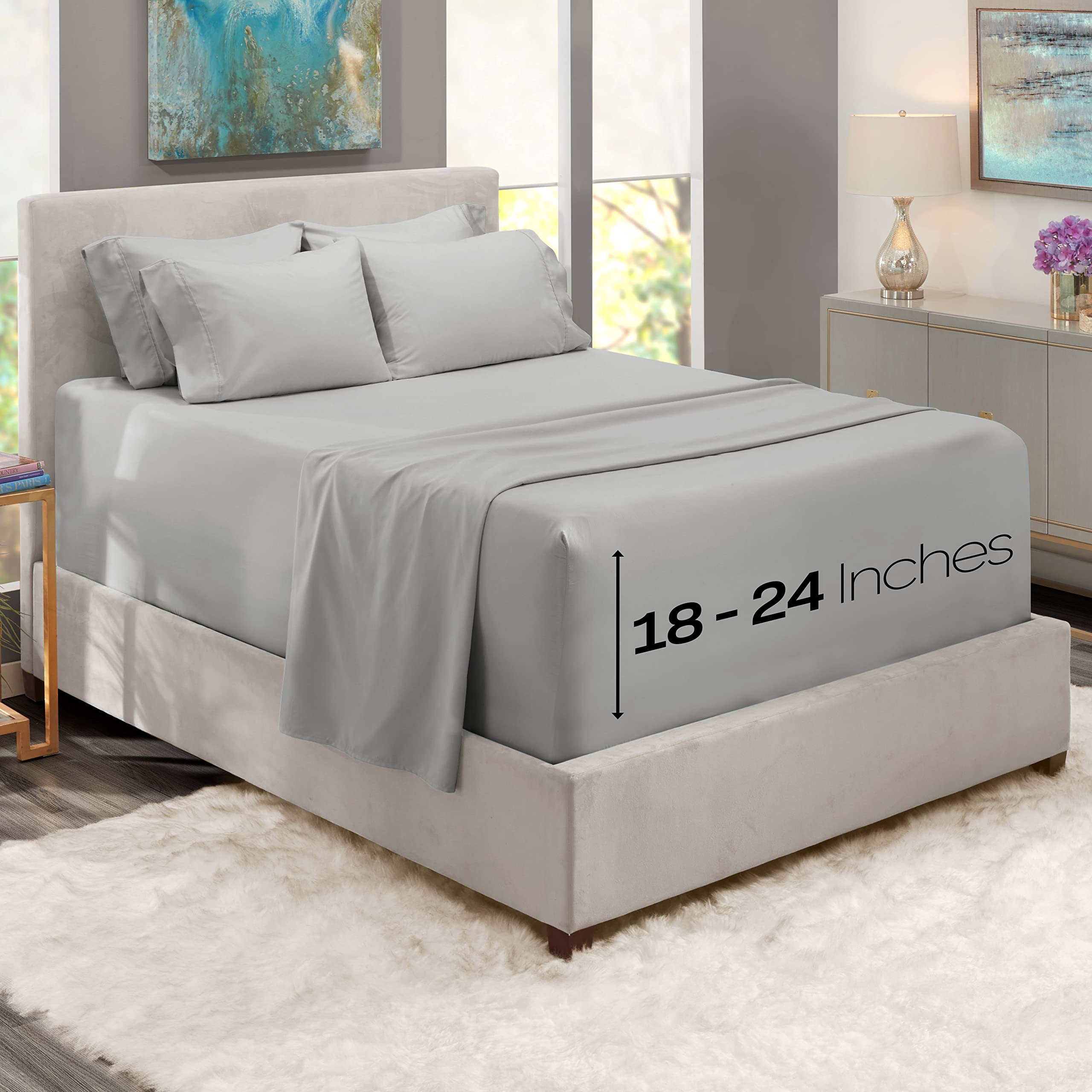 Hearth & Harbor Extra Deep Pocket Queen Sheets Sets - Fits Mattress 18-24 Inches - 6 Piece Queen Size Sheets - Silver Sheets