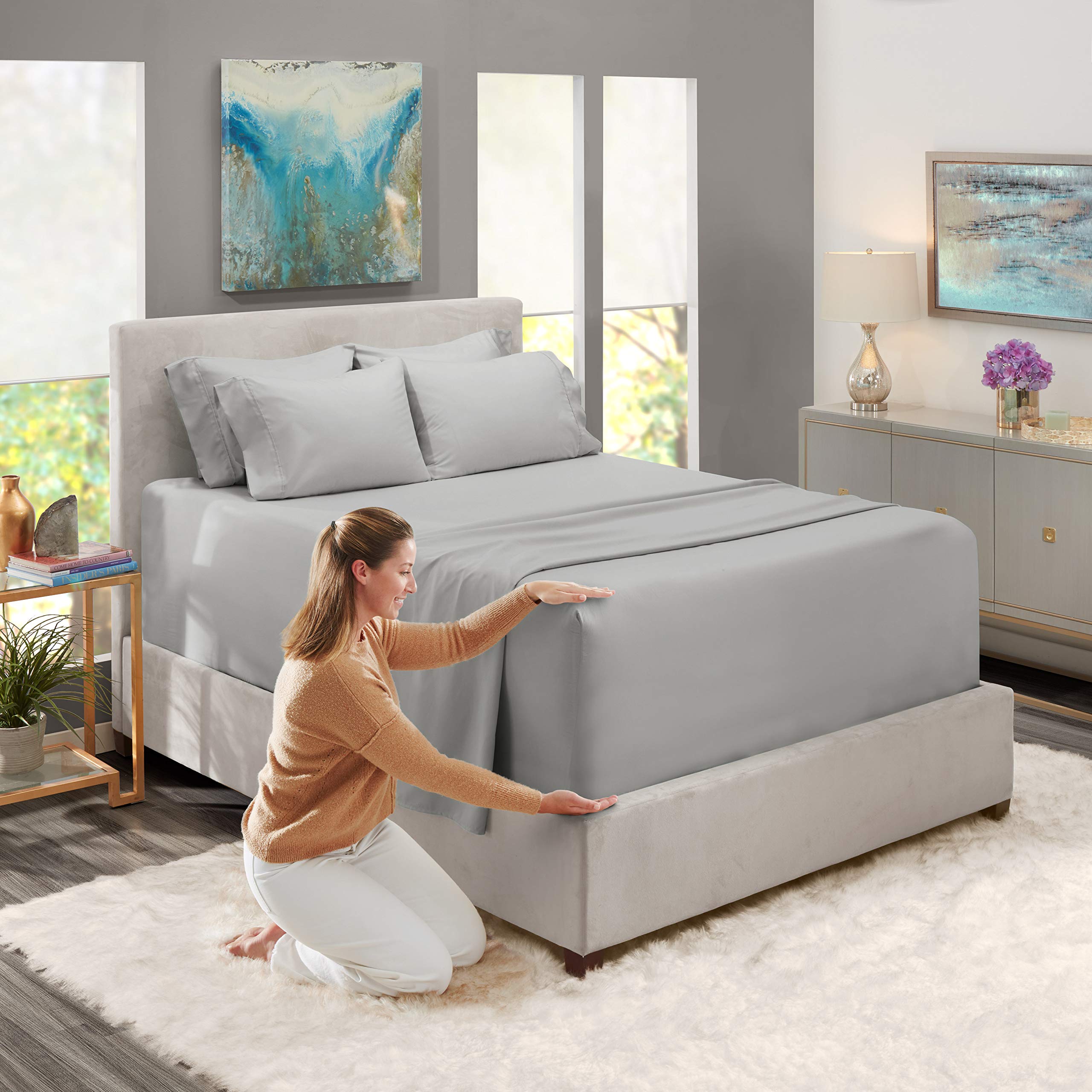 Hearth & Harbor Extra Deep Pocket Queen Sheets Sets - Fits Mattress 18-24 Inches - 6 Piece Queen Size Sheets - Silver Sheets