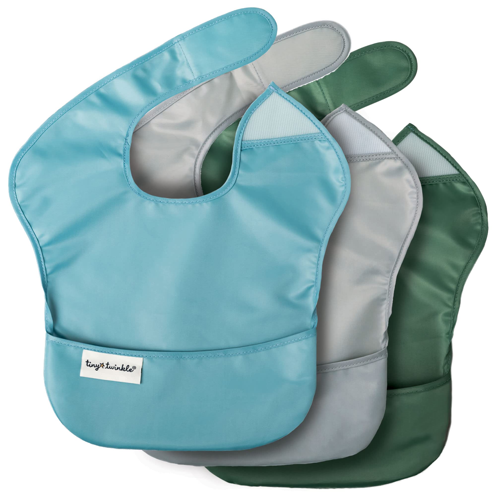 Tiny Twinkle Mess-Proof Baby Bib - Waterproof Bib for Baby Boy or Girl - Machine Washable - Adjustable Closure - PVC, BPA, & Phthalate Free - Great for Travel - Baby Food Bibs (3 Pack, Slate, Olive)