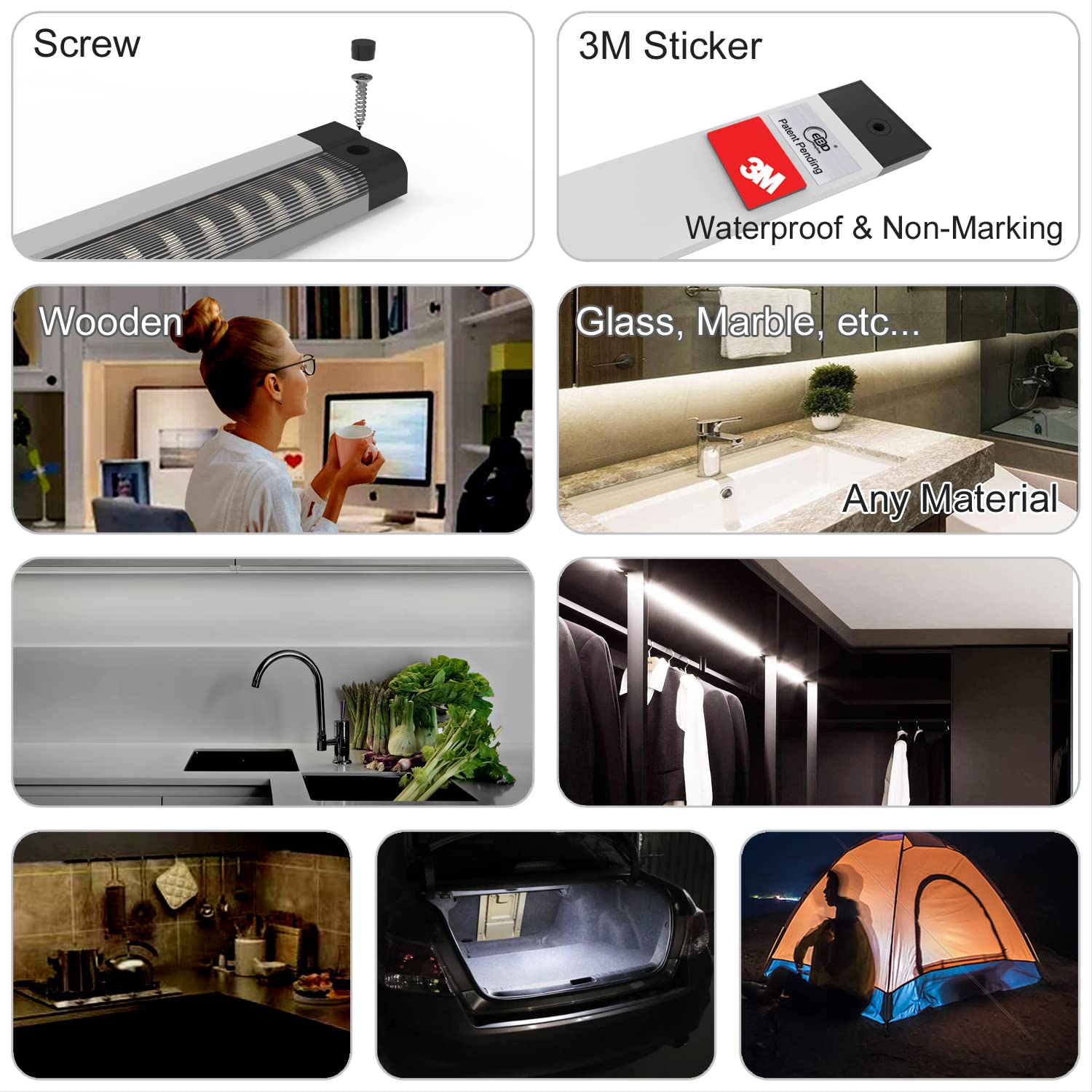 EBD Under Cabinet Lighting Built-in Adjustable Cable, No Messy! Dimmable Counter Lights Memory Function 3 Panel LED Kitchen Lighting Bar 9W 750Lm 3000K Warm White USB Under Cupboard Lighting
