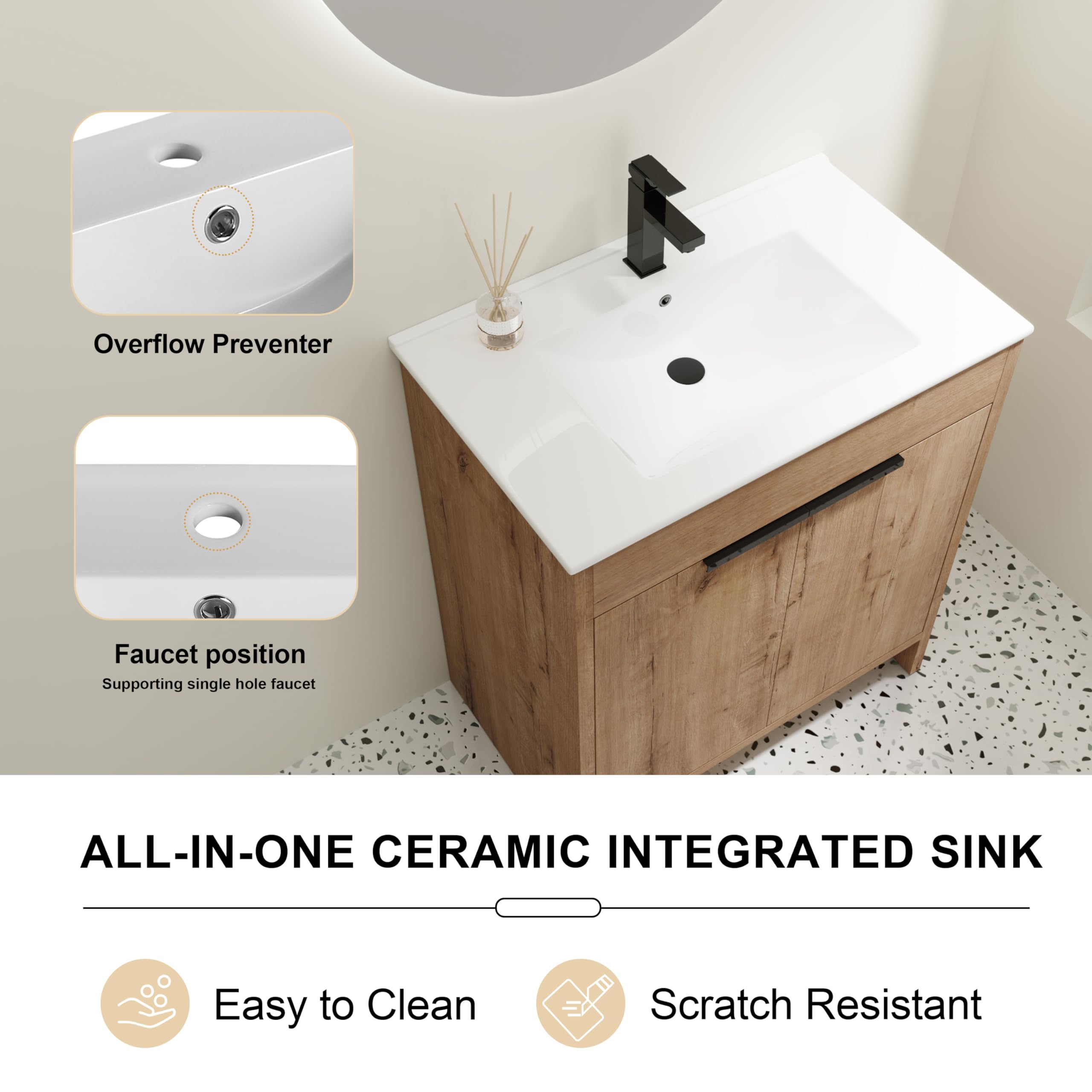 Pvillez 30 inch Bathroom Vanity with Sink Combo, 30" Pedestal Bathroom Vanity Cabinet with Ceramic Basin Sink Top & Soft Close Door, Freestanding Modern Bathroom Vanity for Small Space, Imitative Oak